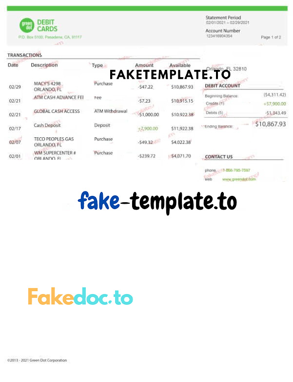 Greendot Bank Statement Template https faketemplate to Fake Template
