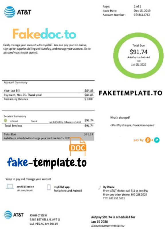 USA Texas AT T Easy To Fill Utility Bill Template In Word And PDF Format Fake Template to